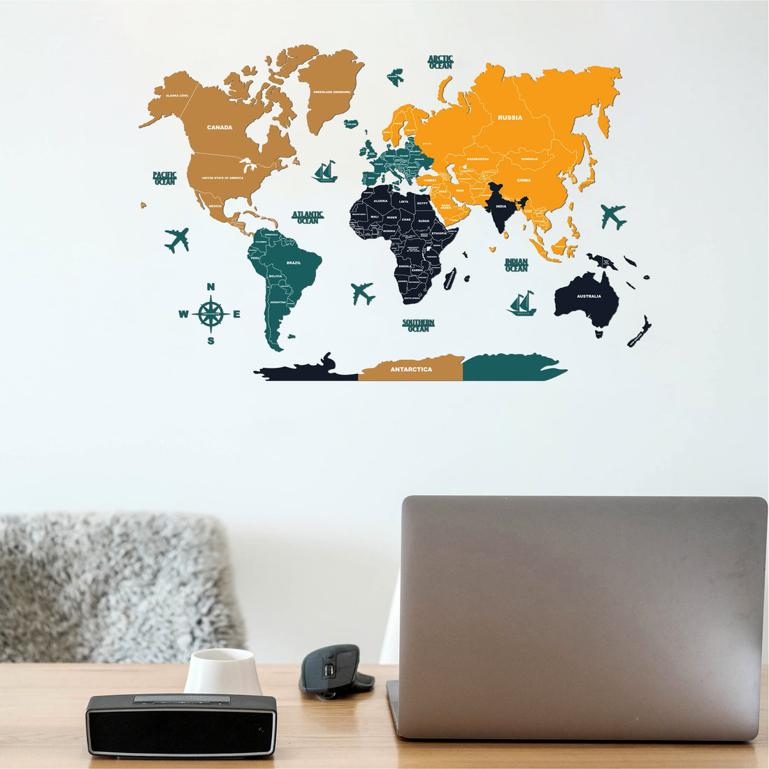 2D Sepia and Amber Wooden World Map for wall • The Map Store