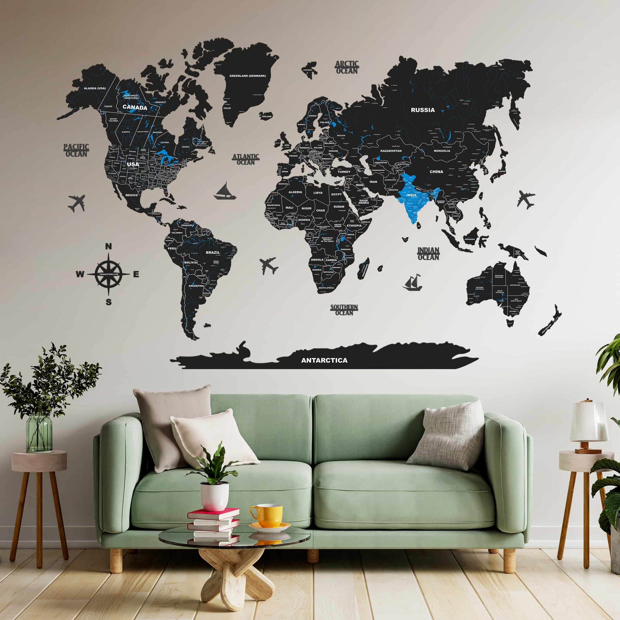 2D Black & Blue Wooden world map for wall • The Map Store