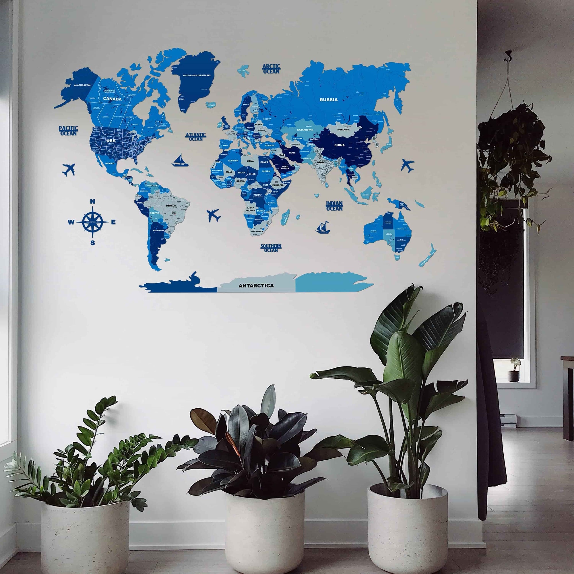 3D Tory Blue Wooden World Map for wall • The Map Store
