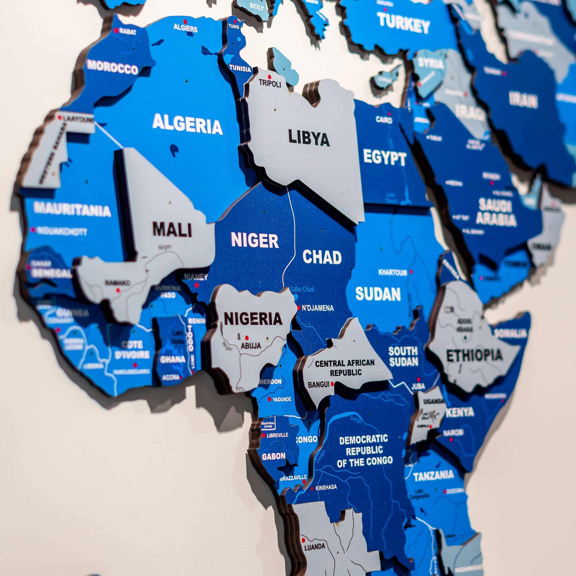 3D Tory Blue Wooden World Map for wall • The Map Store